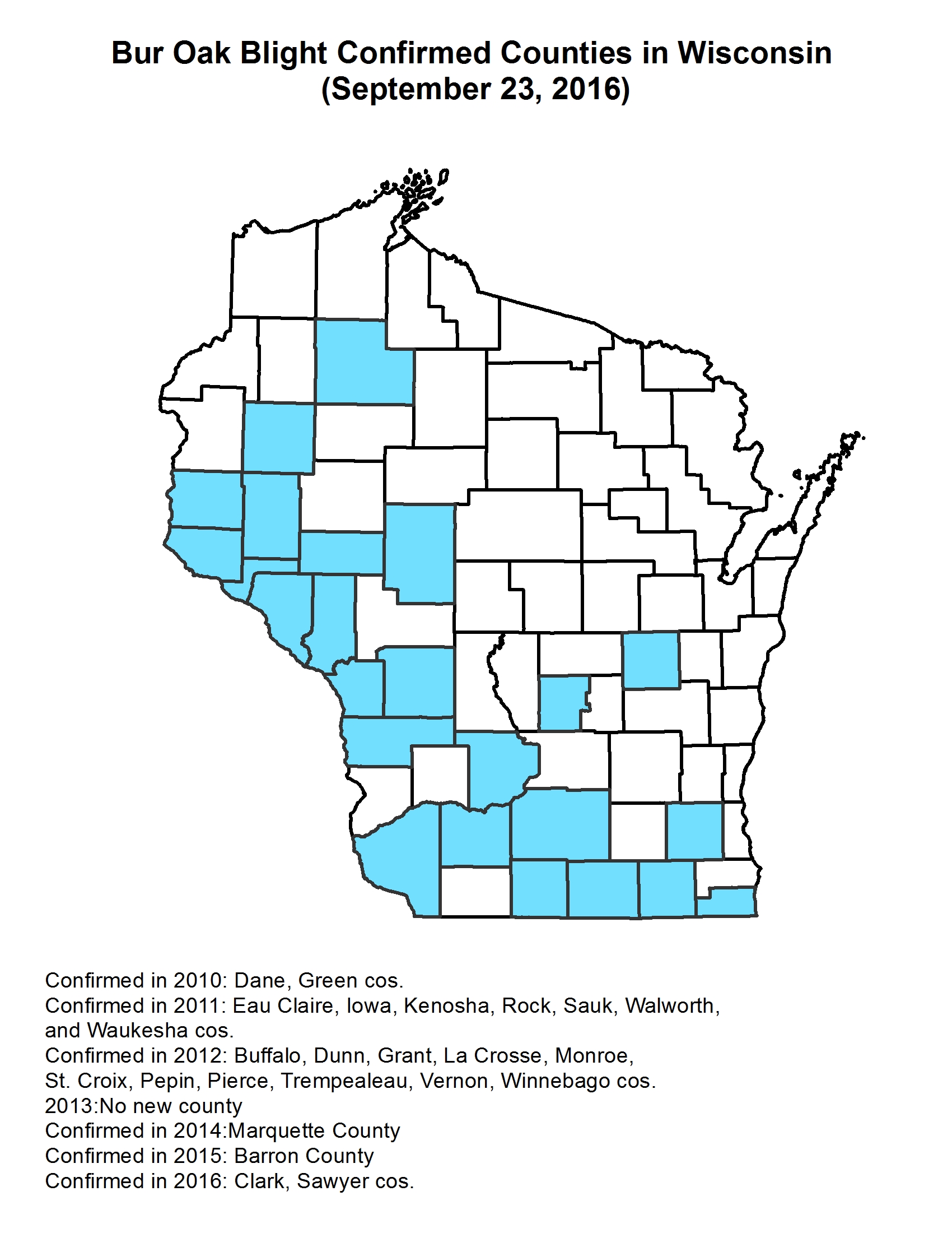 Bur oak blight confirmed in Clark and Sawyer counties in 2016